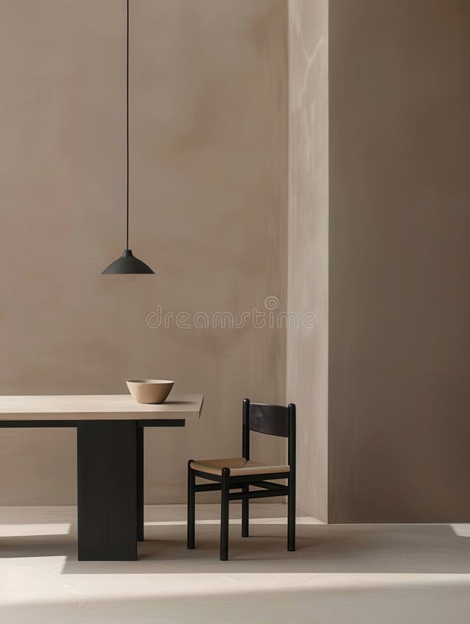 A Single Chair Sits beside a Rectangular Table with a Black Pendant ...