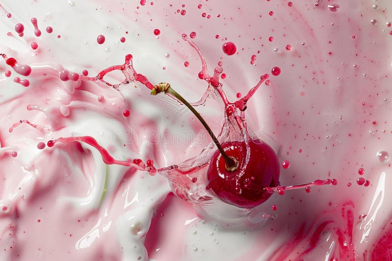 Single Cherry Splashing into Creamy Pink and White Liquid Stock ...