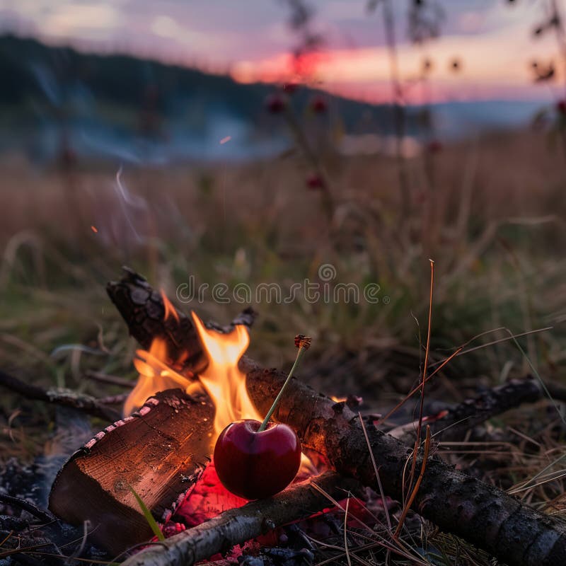 A Single Cherry Rests on Burning Embers of a Campfire at Sunset Stock ...