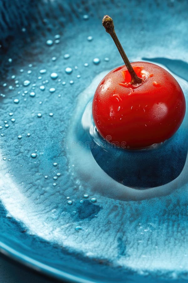 A Single Cherry Sits Atop a Blue Plate in this Still Life Image Stock ...