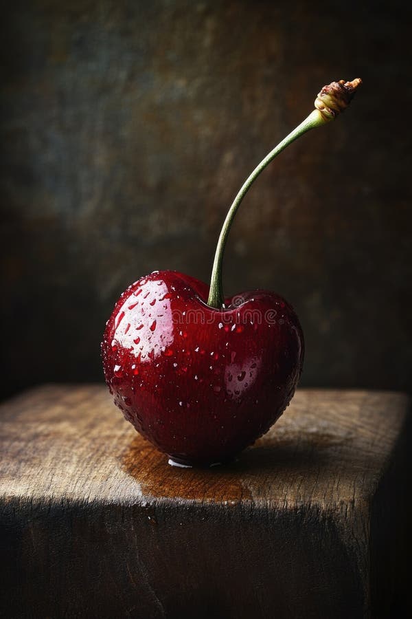 A Single Cherry Sits on Top of a Wooden Table, Ready To Be Enjoyed ...