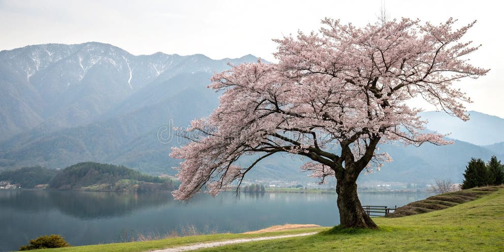 Single Cherry Tree in Full Bloom Stock Illustration - Illustration of landscape, softfocus ...