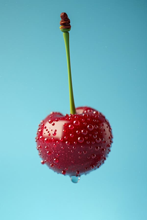Single Cherry with Water Droplets on Blue Background Stock Illustration ...