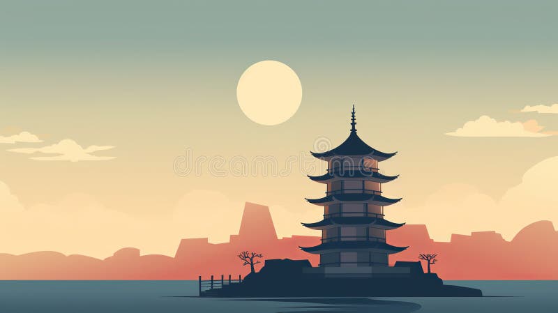 Single Chinese Tower Cartoon Flatflat Illustration Minimali, Generative ...