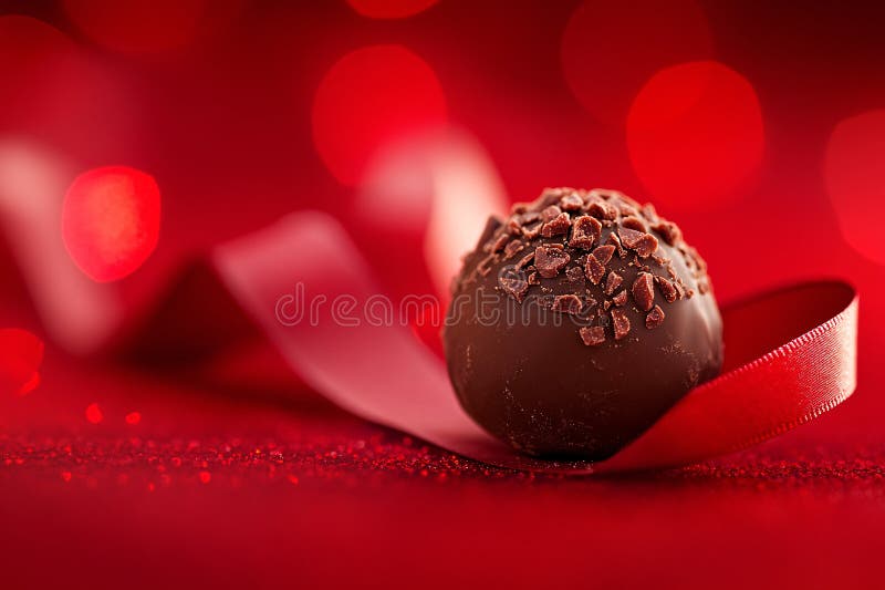 Single Chocolate Covered Praline with Red Silk Ribbon Stock ...
