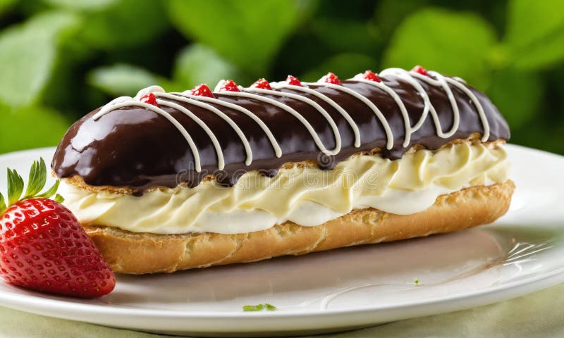 Chocolate Eclair Topped with White Icing and Red Sprinkles on White ...