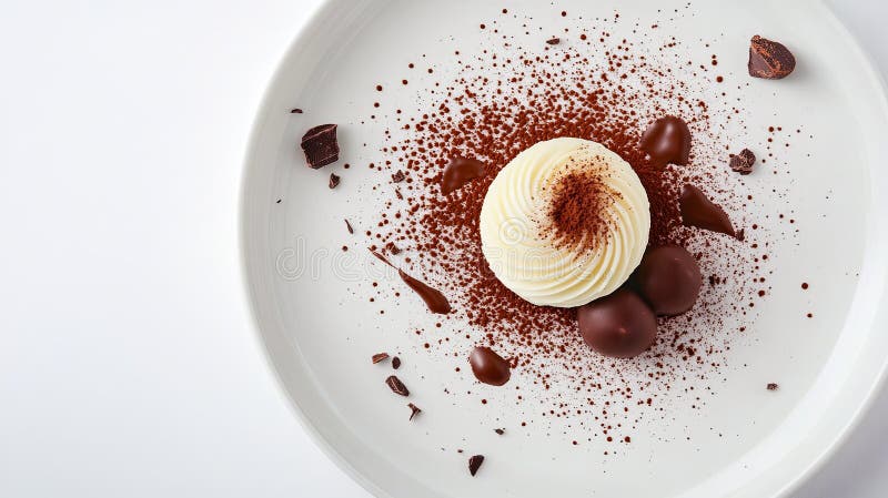 A Single Chocolate Truffle Styled on a White Ceramic Plate with Cocoa ...