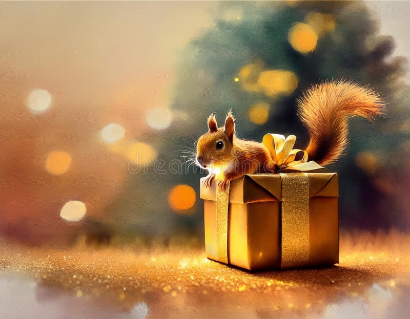 A Single Christmas Present with a Gold Bow, with a Tiny Squirrel Stock ...