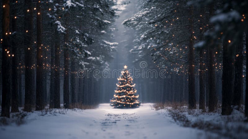 A Single Christmas Tree Illuminated in a Snowy Forest Stock ...