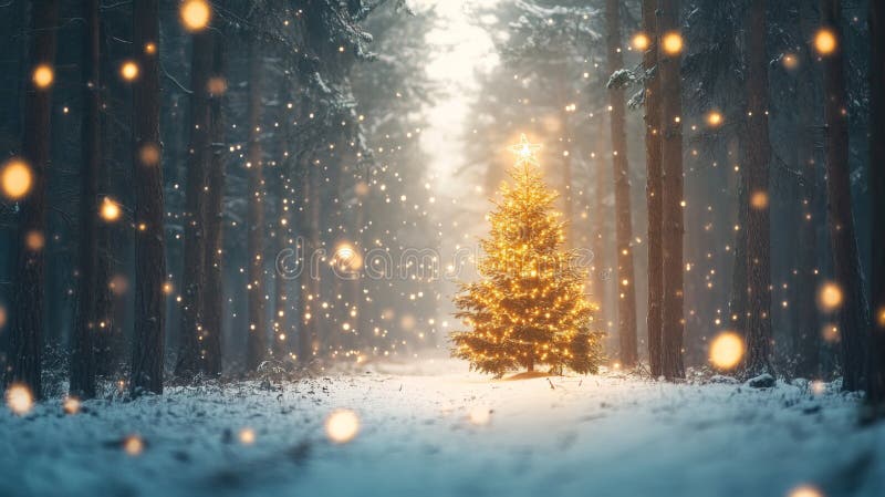 A Single Christmas Tree Illuminated in a Snowy Forest Stock ...