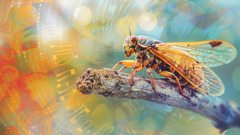 Single Cicada on a Branch, Emitting Circular Sound Waves with Musical ...