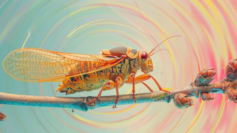 Single Cicada on a Branch, Emitting Circular Sound Waves with Musical ...