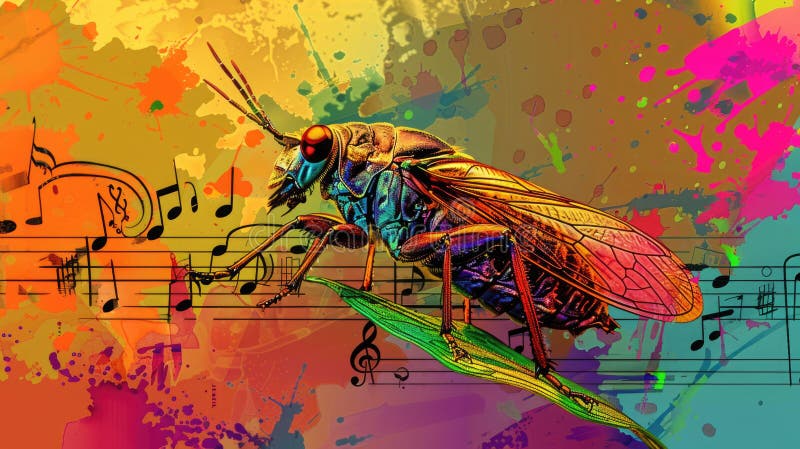 Single Cicada on a Branch, Emitting Circular Sound Waves with Musical ...