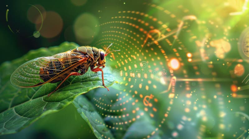 Single Cicada on a Branch, Emitting Circular Sound Waves with Musical ...
