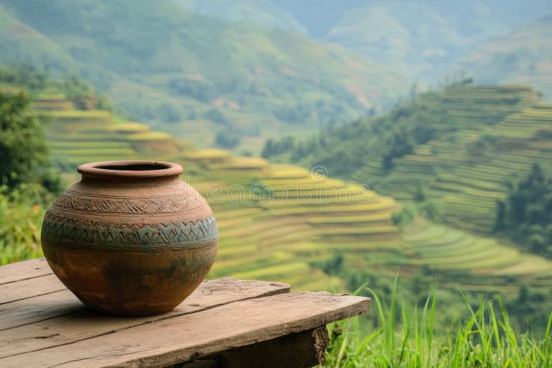 A Single Clay Pot Resting on a Wooden Bench Overlooking Terraced Stock ...