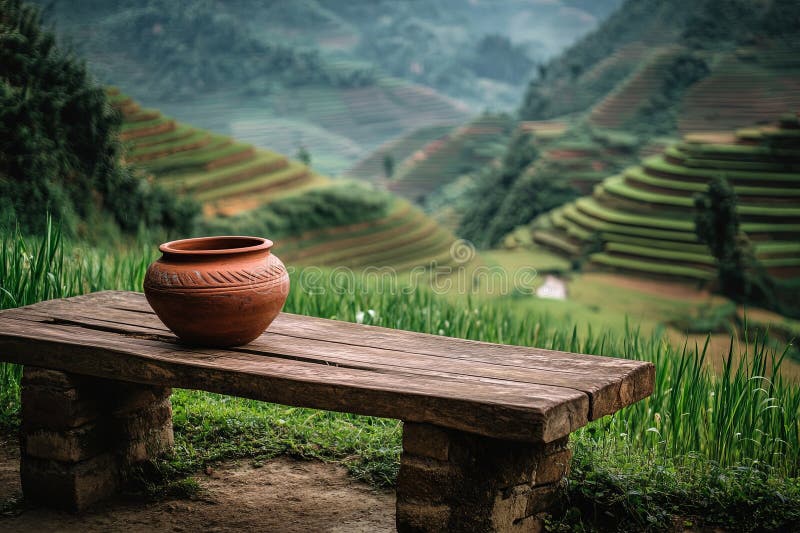 A Single Clay Pot Resting on a Wooden Bench Overlooking Terraced Stock ...