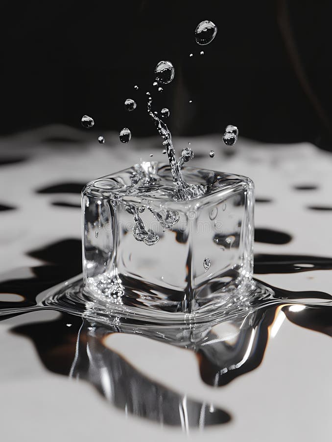 A Single Clear Cube with Splashing Liquid on a Reflective Surface with ...