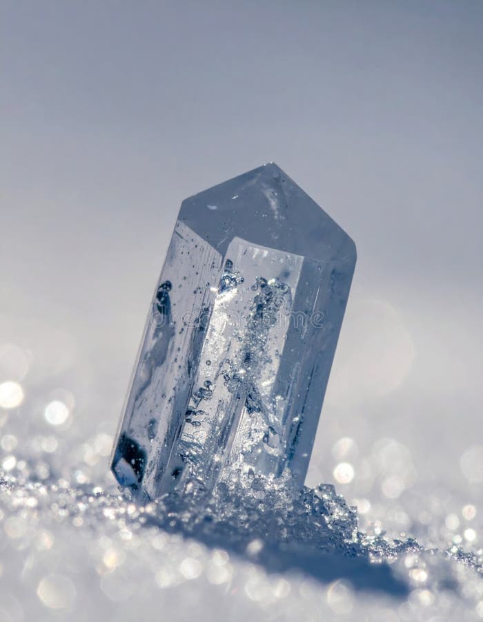 Single Clear Quartz Crystal Point on Snowy Surface with Sparkling Light ...