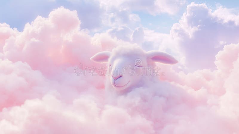 Single Cloud Sheep Smiles Gently, Nestled among Soft Pink Clouds Stock ...