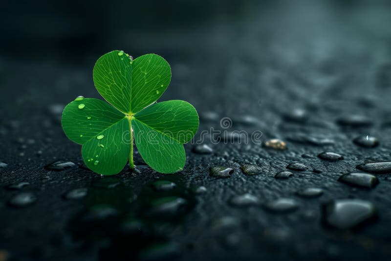 Single Clover Leaf with Dew Drops on Dark Background Stock Illustration ...