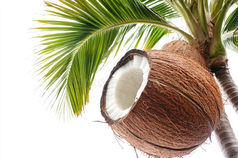 A Single Coconut Hangs from a Palm Tree Branch Under a Clear White Sky ...