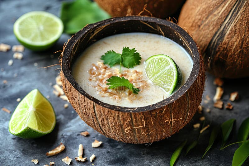 A Single Coconut Shell Holding a Portion of Thai Coconut Soup Styled ...