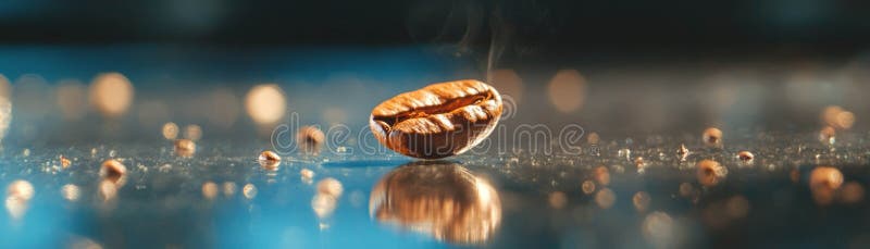 Single Coffee Bean with Reflection on Shiny Surface Against Bright ...