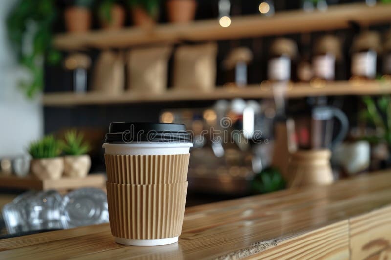 A Single Coffee Cup Sits on a Wooden Counter Stock Image - Image of ...