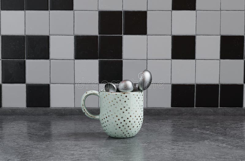 Single Coffee Mug Spoons in it on a Front View Kitchen Counter Top with ...