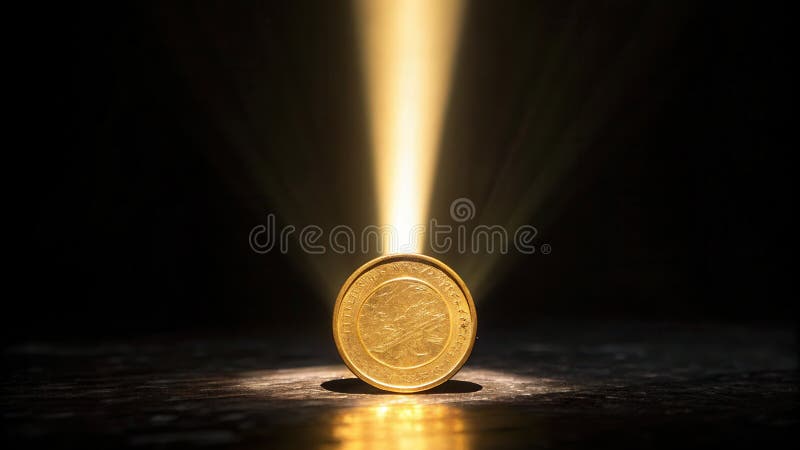 Single Coin Illuminated by Beam of Golden Light Rising from it Stock ...