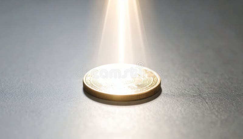 Single Coin Illuminated by Bright Beam of Light Against Dark Stock ...