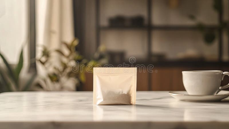 A Single Compostable Tea Bag Styled on a Smooth Marble Table. Picture ...