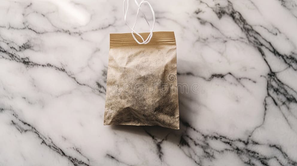 A Single Compostable Tea Bag Styled on a Smooth Marble Table. Picture ...