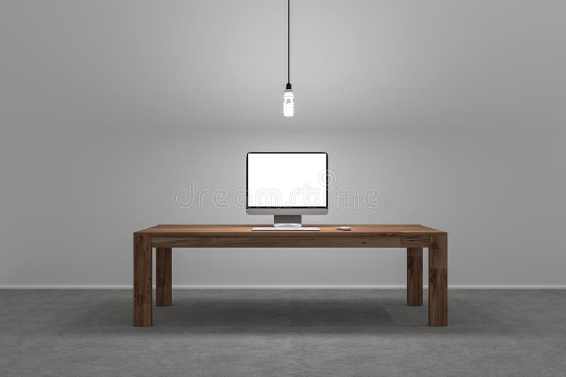 Single Computer Screen on Large Desk with Lamp Hangig from Ceiling ...