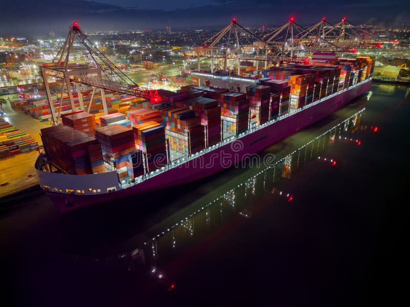 Single Container Ship at Night at Southampton Docks UK Aerial Lights ...