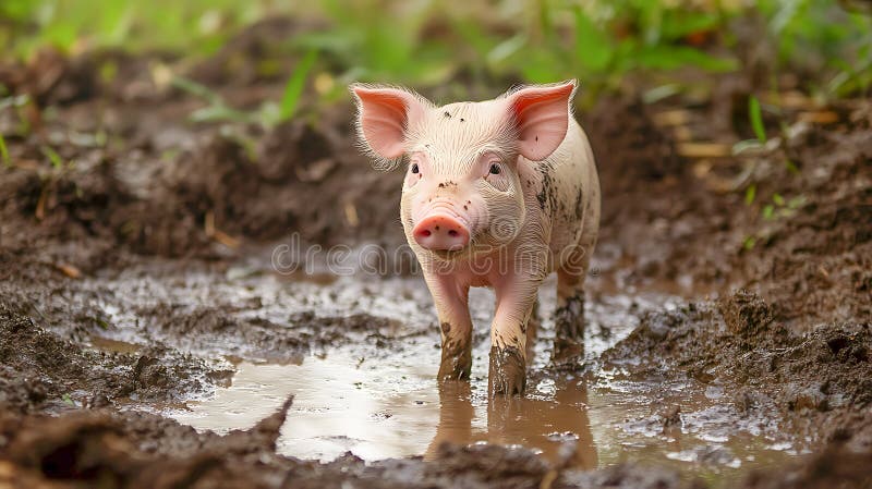 A Single, Content Piglet Standing in a Small, Muddy Pool, with Its Fur ...