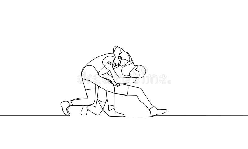 Single Continuous Drawing of Two Men Fighting. Wrestling Stock Vector ...