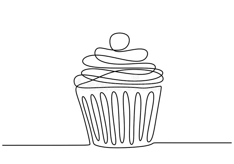 Single Continuous Line of Cupcake. Cupcake Fast Food in One Line Style ...