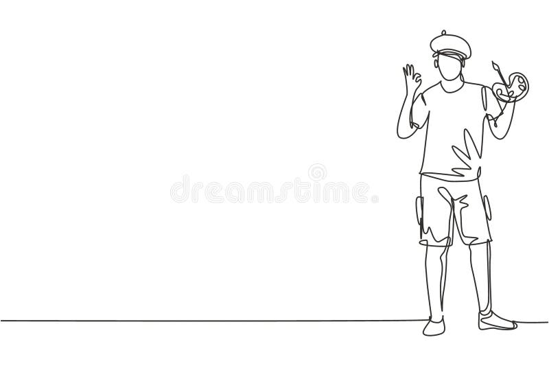 Single Continuous Line Drawing Painter Stands with Gesture Okay Using a ...