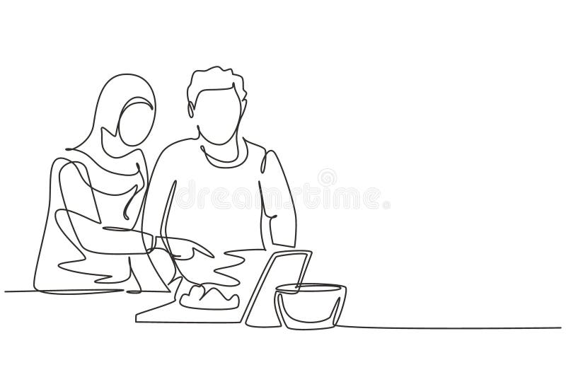Single Continuous Line Drawing Romantic Arab Couple Cooking Together ...