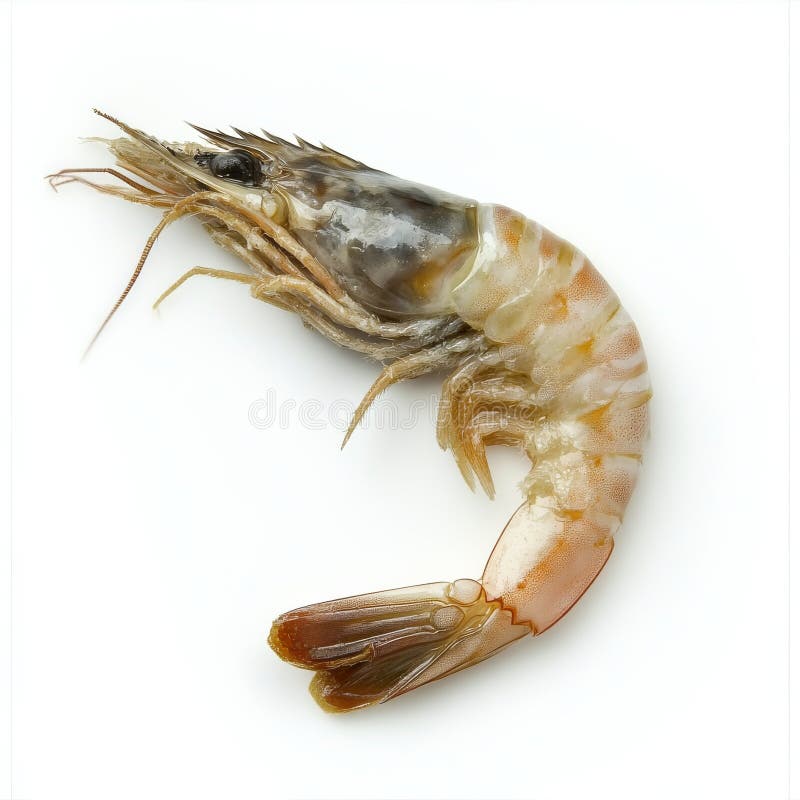 A Single Cooked Shrimp with Tail, Isolated on a White Background, Stock ...