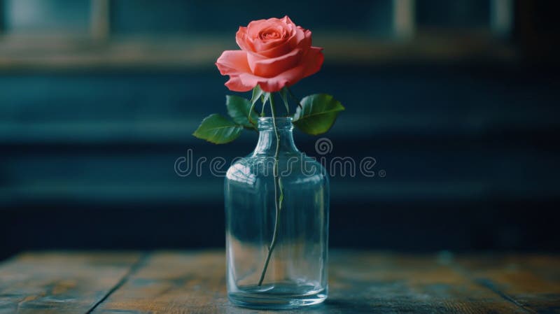 Single Coral Rose in a Clear Glass Bottle Stock Illustration ...