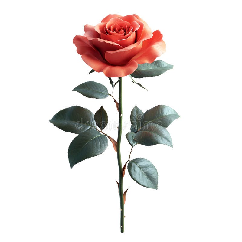 Single Peach Colored Rose with Green Leaves on a Long Stem Isolated on ...