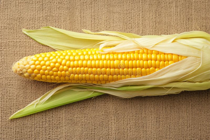 Single Corn Cob on Brown Sackcloth Background, Viewed from Side Stock ...