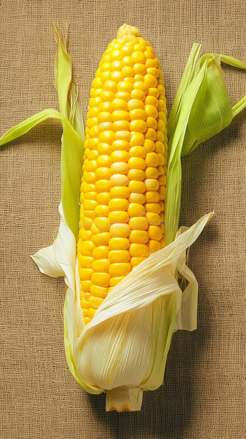 Single Corn Cob on Brown Sackcloth Background, Viewed from Side Stock ...