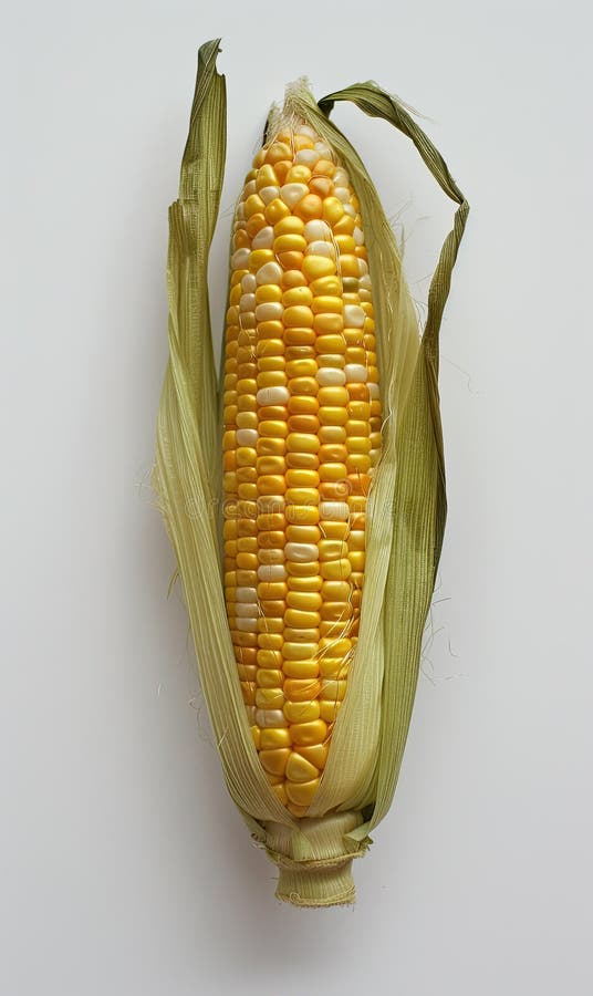 A Single Corn Cob with Vibrant Yellow Kernels Against a White ...