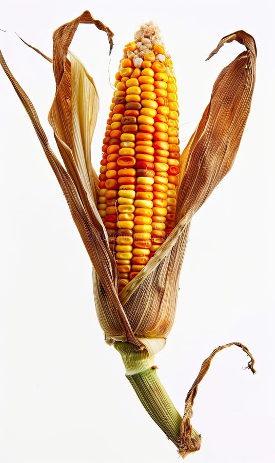 A Single Corn Cob with Vibrant Yellow Kernels Against a White ...