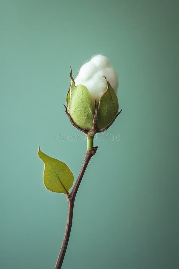 A Single Cotton Flower on a Stem Against a Blue Background Stock Image ...