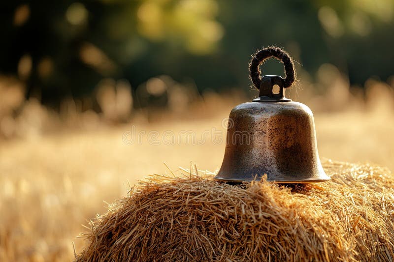 A Single Cowbell Placed on a Hay Bale in a Soft Natural Light Setting ...