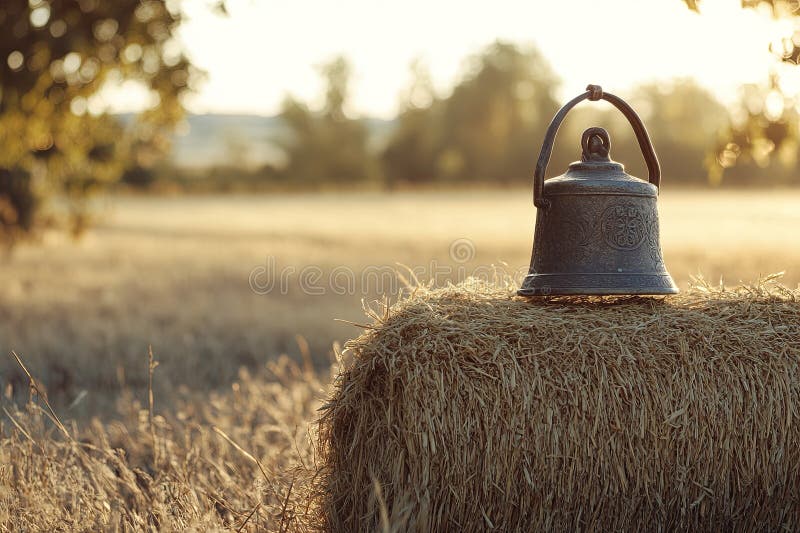 A Single Cowbell Placed on a Hay Bale in a Soft Natural Light Setting ...